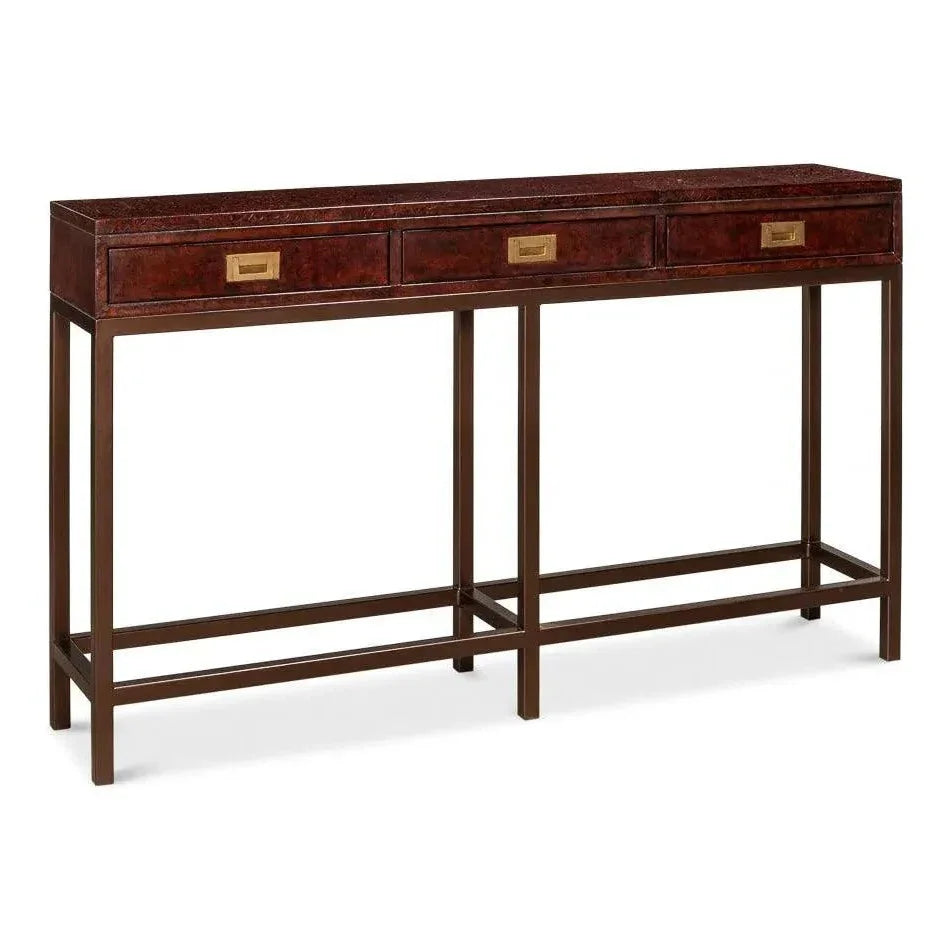 Campaign Embossed Console Table Drawers Brown Leather - LOOMLAN