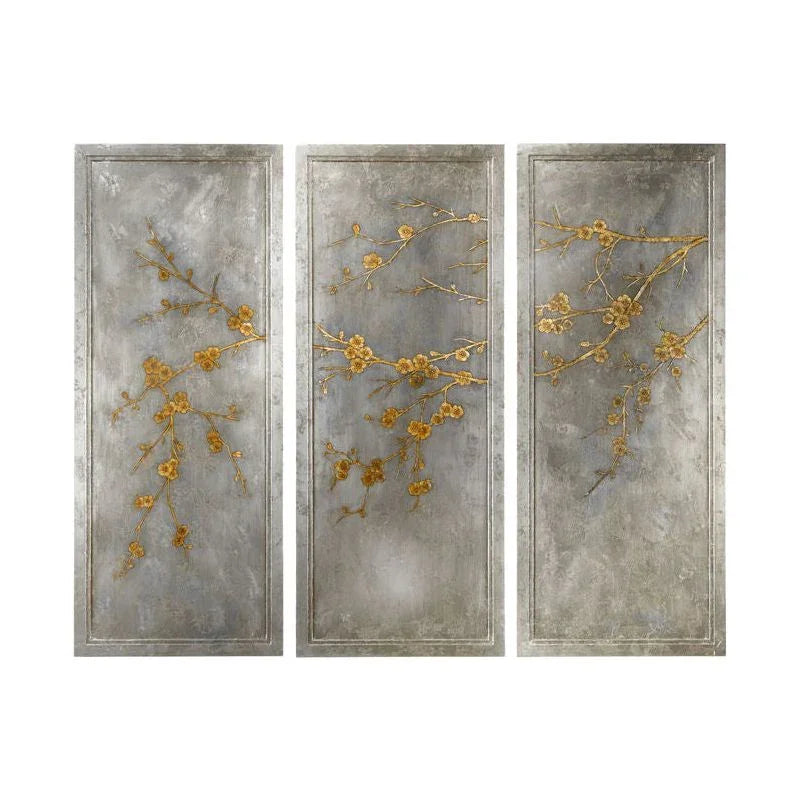 Cherry Blossom Hand Painted Grey Panel (Set of 3) - LOOMLAN