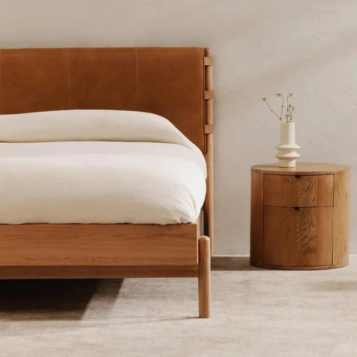 Colby Leather and Wood Camel Bed - LOOMLAN