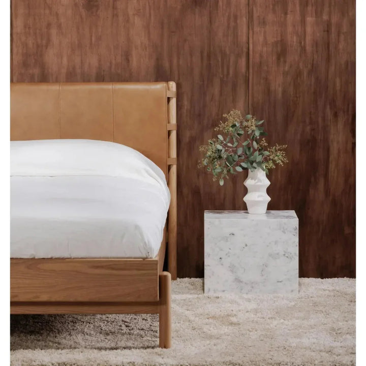 Colby Leather and Wood Camel Bed - LOOMLAN