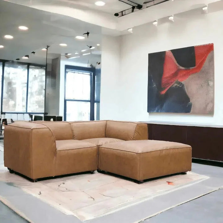 Tan Leather Modular Sofa 3PC Sectional | LOOMLAN