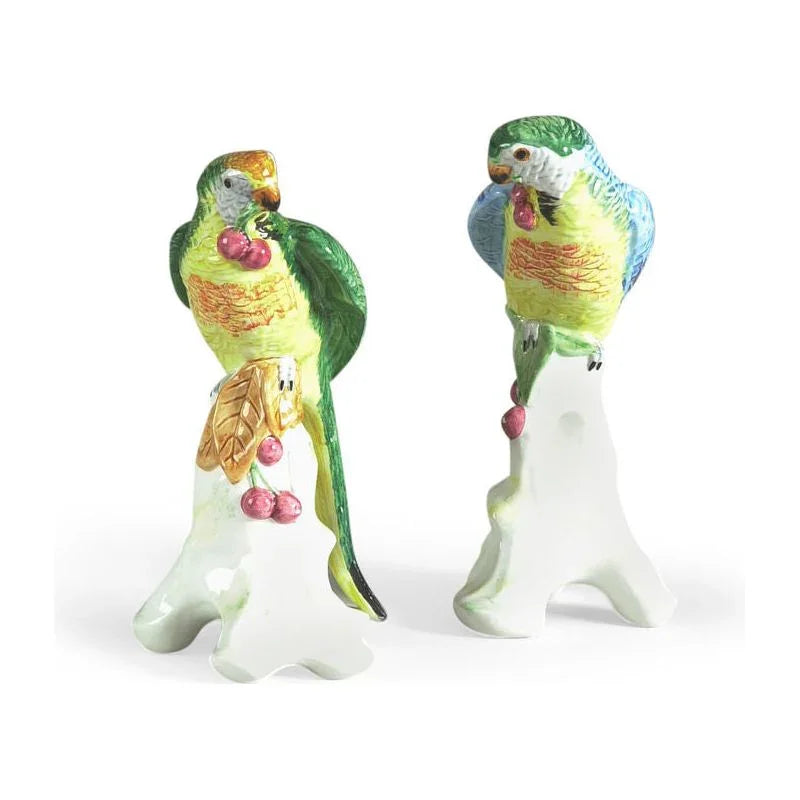 Italian Ceramic Made Parrot With Cherry Sculpture (Pr) - LOOMLAN
