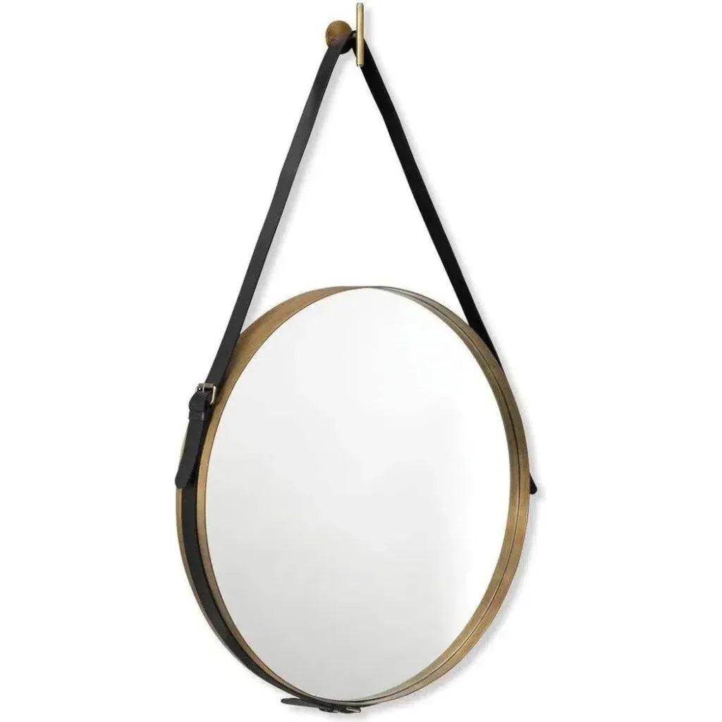 Leather Strap Round Gold Mirror - Large - LOOMLAN