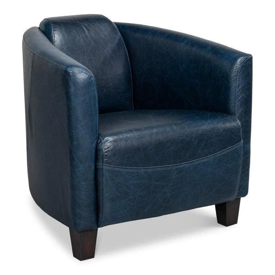 Mandy Wood and Leather Blue Arm Chair - LOOMLAN