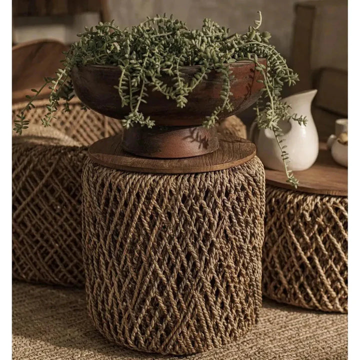 Natural Brown Round Side Table Wood Wood Base - LOOMLAN