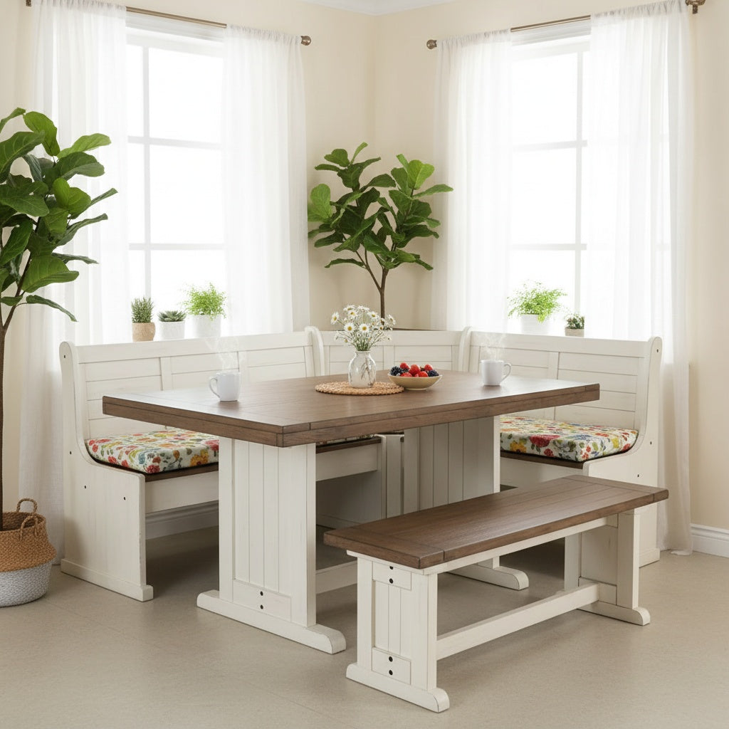 Buckskin White Corner Table Breakfast Nook Dining Set - LOOMLAN