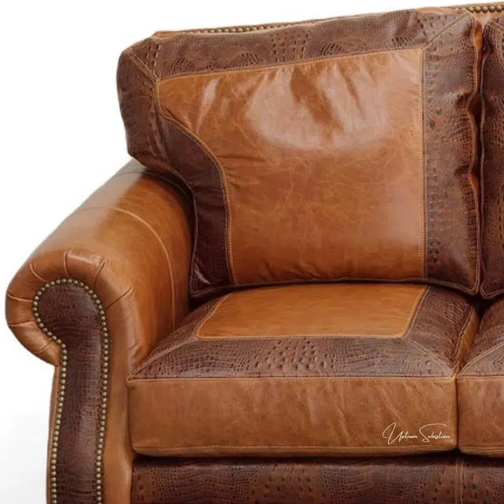 Western Leather Couch Brown Alligator Embossed Leather - LOOMLAN