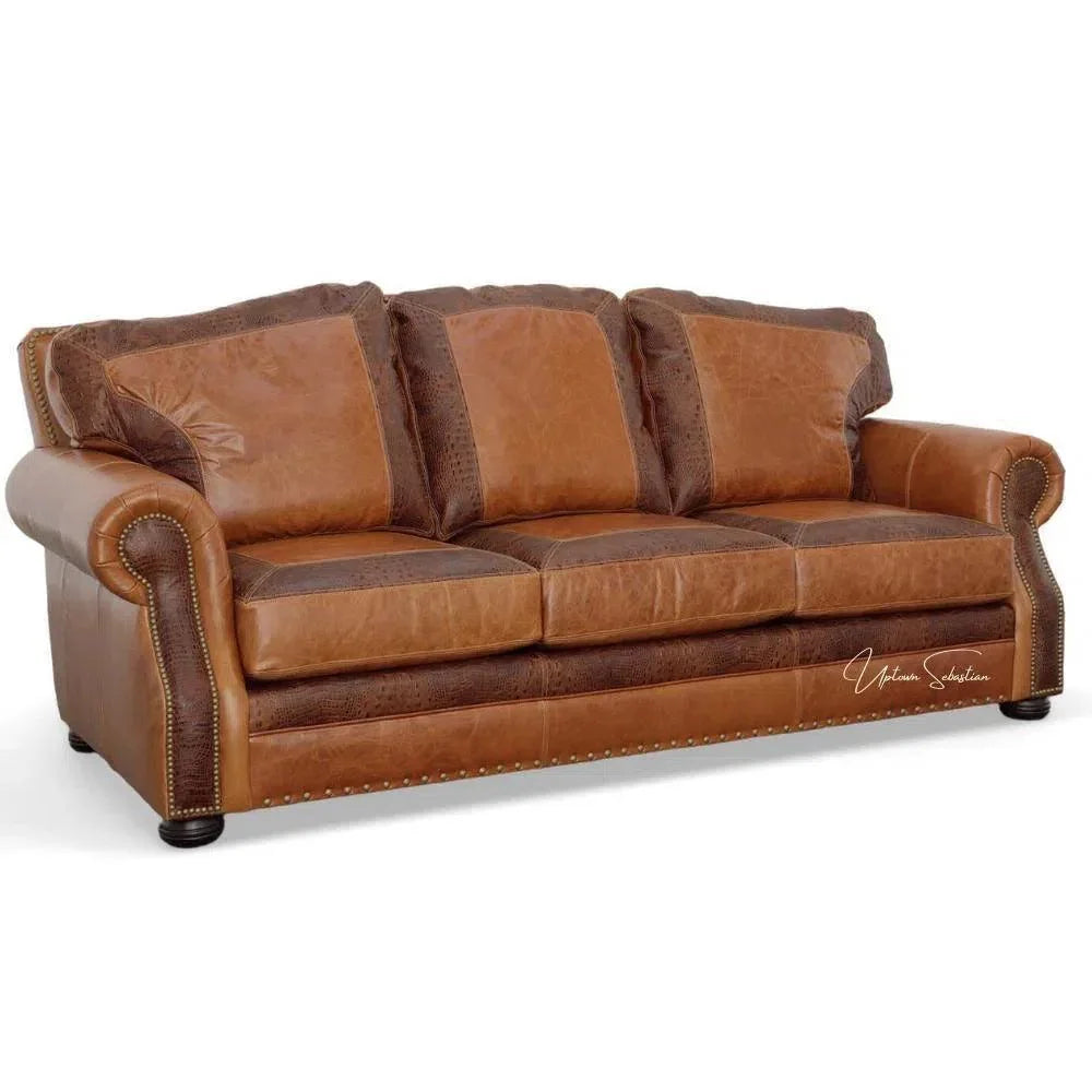 Western Leather Couch Brown Alligator Embossed Leather - LOOMLAN
